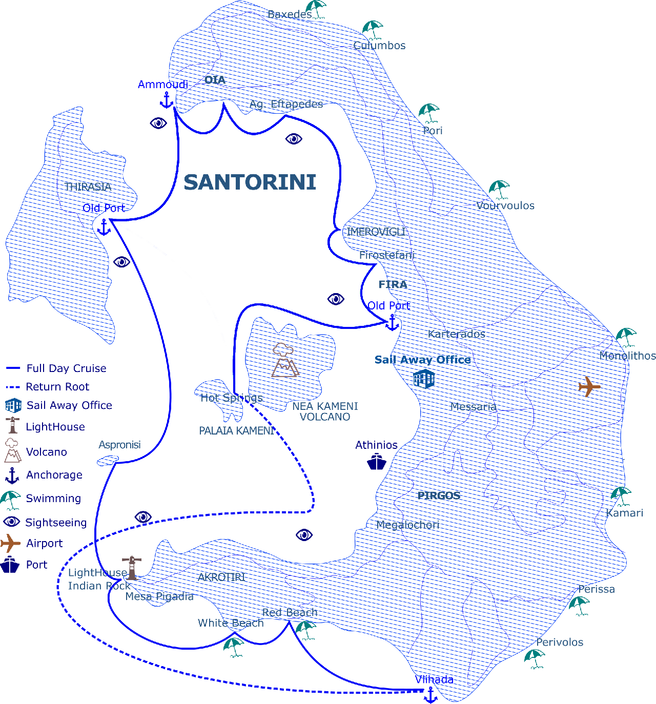 Santorini Motor Yacht Full Day Tour Map | Sail Away